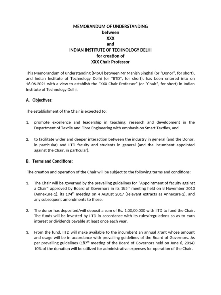 Draft MOU for chair Mr Manish Singhal | PDF | Professor