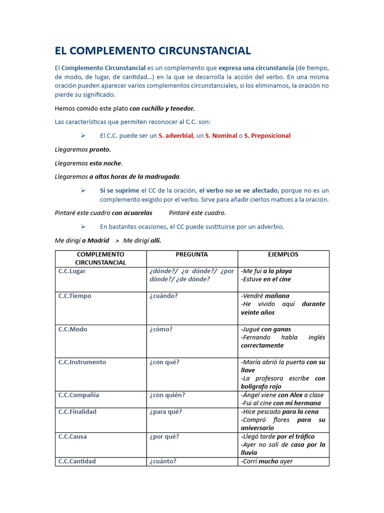 El Complemento Circunstancial. Definición, Pruebas y Ejemplos | PDF | Adverbio | Morfología ...