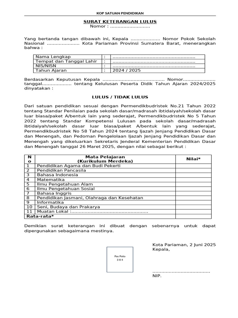 Format Surat Keterangan Lulus Dan Transkrip Nilai SMP Final | PDF