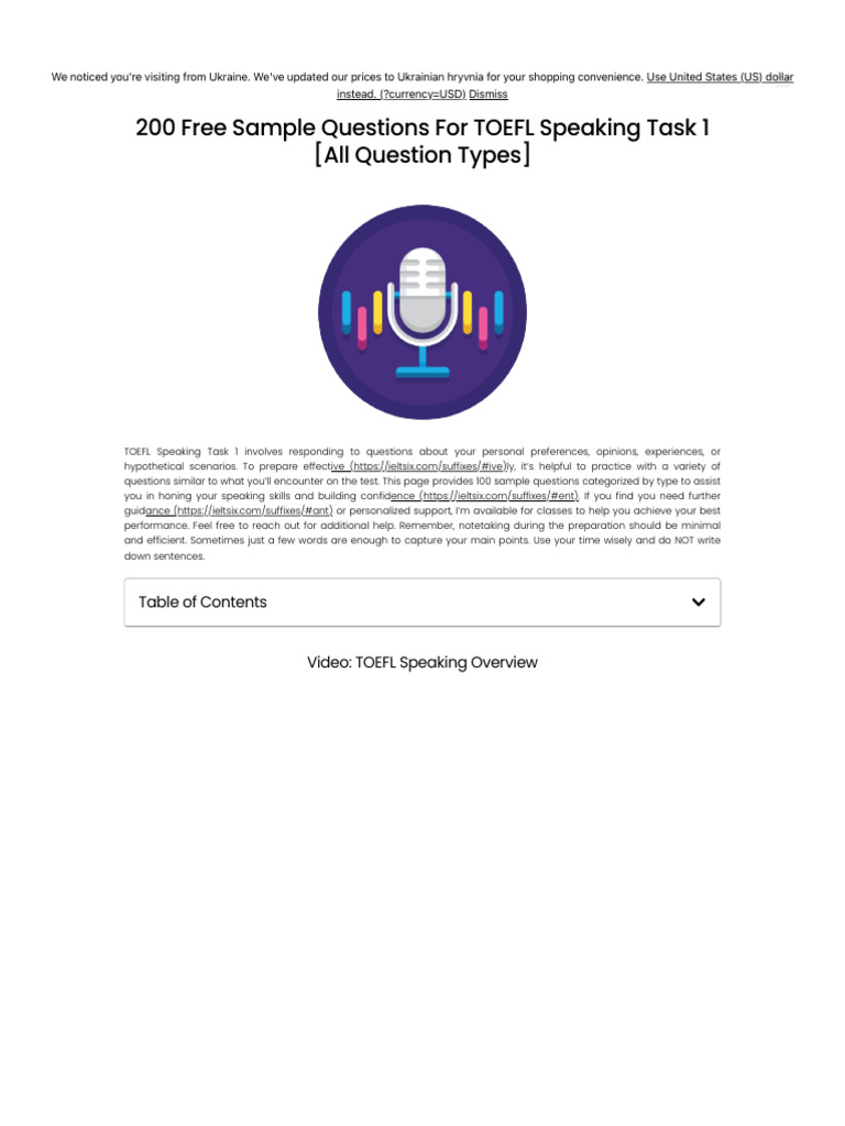 200 Free Sample Questions For TOEFL Speaking Task 1 | PDF | Test Of ...