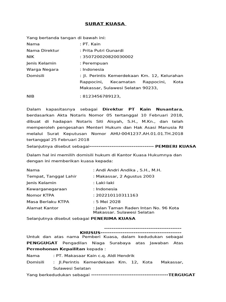 Surat Kuasa Permohonan Pailit | PDF