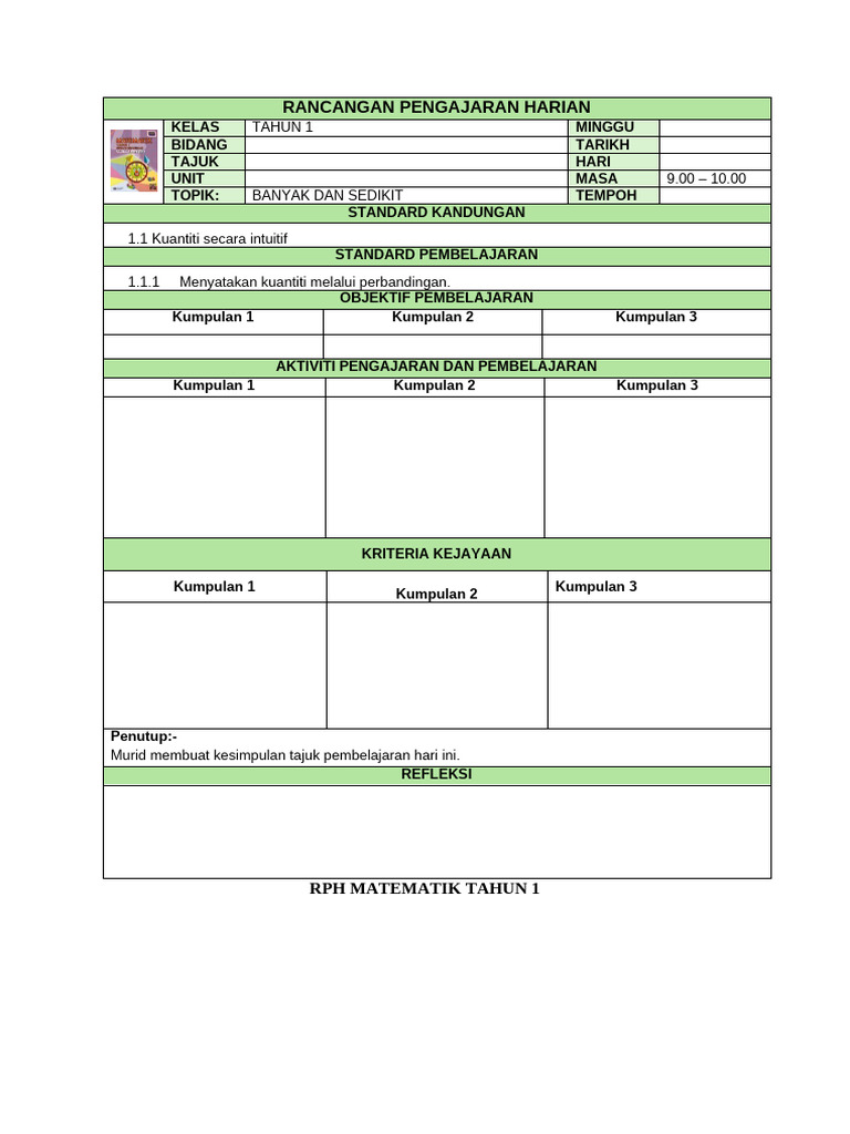 Template RPH Terbeza Tahun 1 MT | PDF