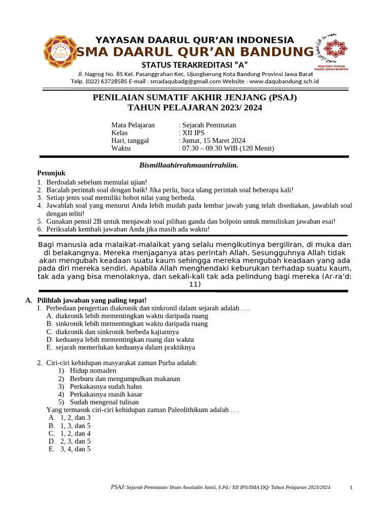 Soal Psaj Sejarah Minat 2024 | PDF