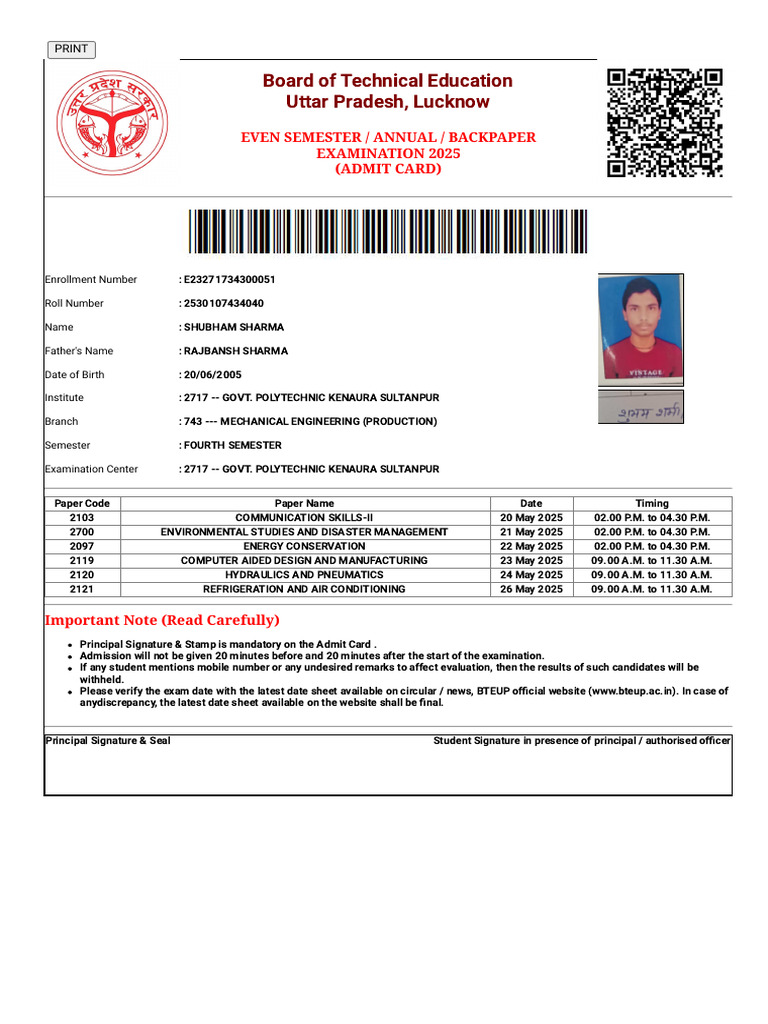 Bteup - Ac.in ESeva Student AdmitCard - Aspx EnrollNumber ...