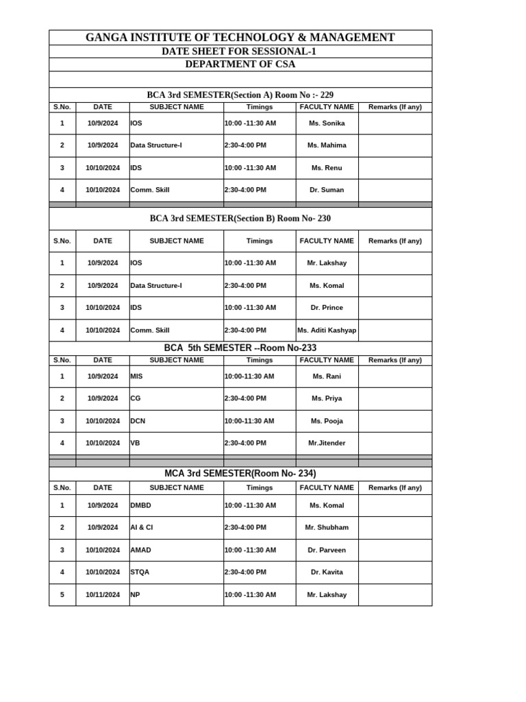 1st Sessional Date Sheet 2024-25 | PDF | Computing | Software Engineering