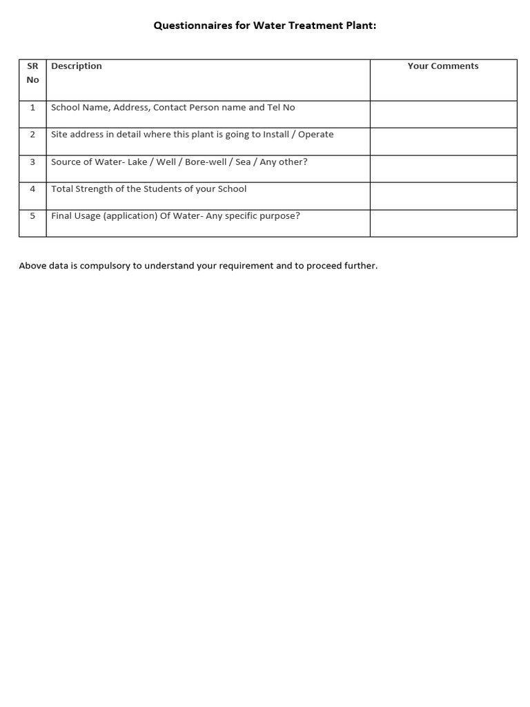 Water Treatment Plant Questionnaire | PDF