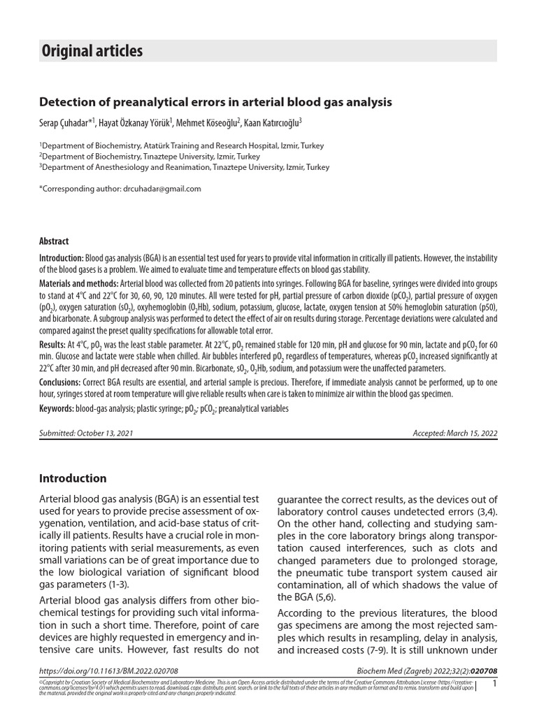 Detection of Preanalytical Errors in Arterial Blood Gas Analysis | PDF | Clinical Medicine