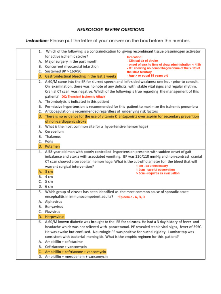 Neurology Review Questions 1 | PDF | Stroke | Dementia