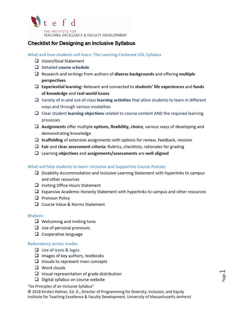 Checklist For Designing An Inclusive Syllabus (Helmer) | PDF ...