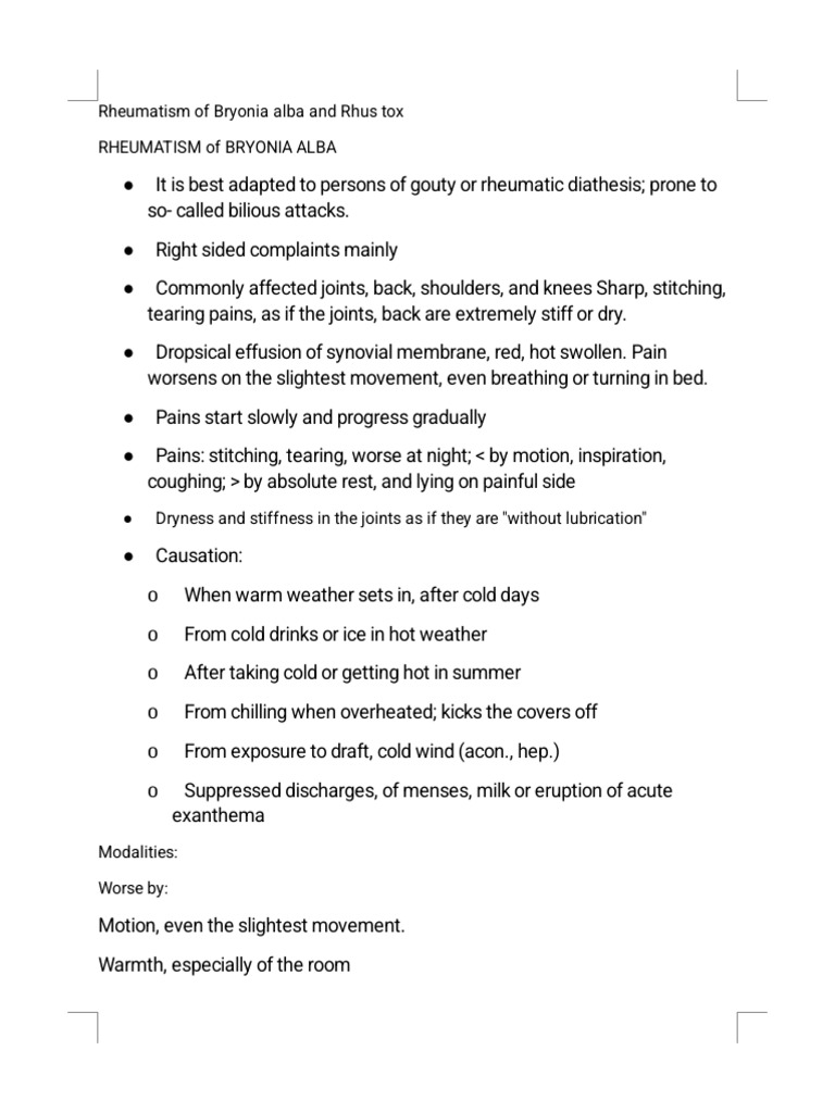 Rheumatism: Bryonia vs. Rhus Tox | PDF | Diseases And Disorders