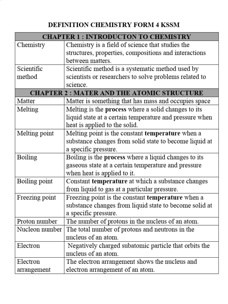 Definition Chemistry Form 4 KSSM PDF | PDF | Chemical Bond | Mole (Unit)