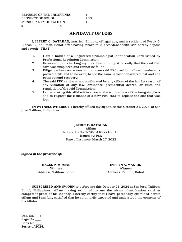 Affidavit of Loss for PRC ID | PDF | Affidavit | Authentication