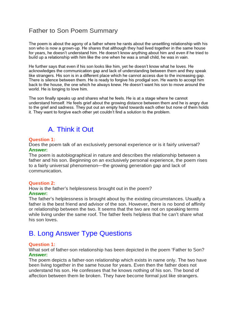 Father To Son Poem - Complete Document | PDF | Grief