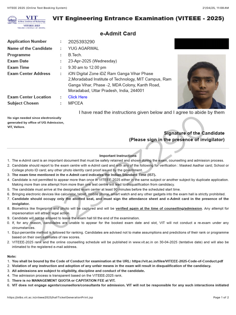 VITEEE 2025 (Online Test Booking System) | PDF