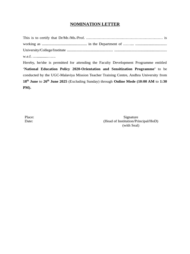 Nomination Letter (15th NEP Prog) | PDF