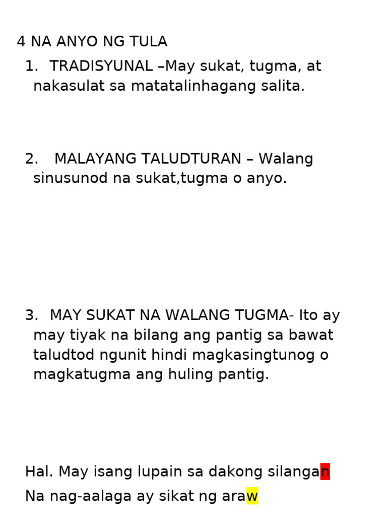 4 Na Anyo NG Tula | PDF