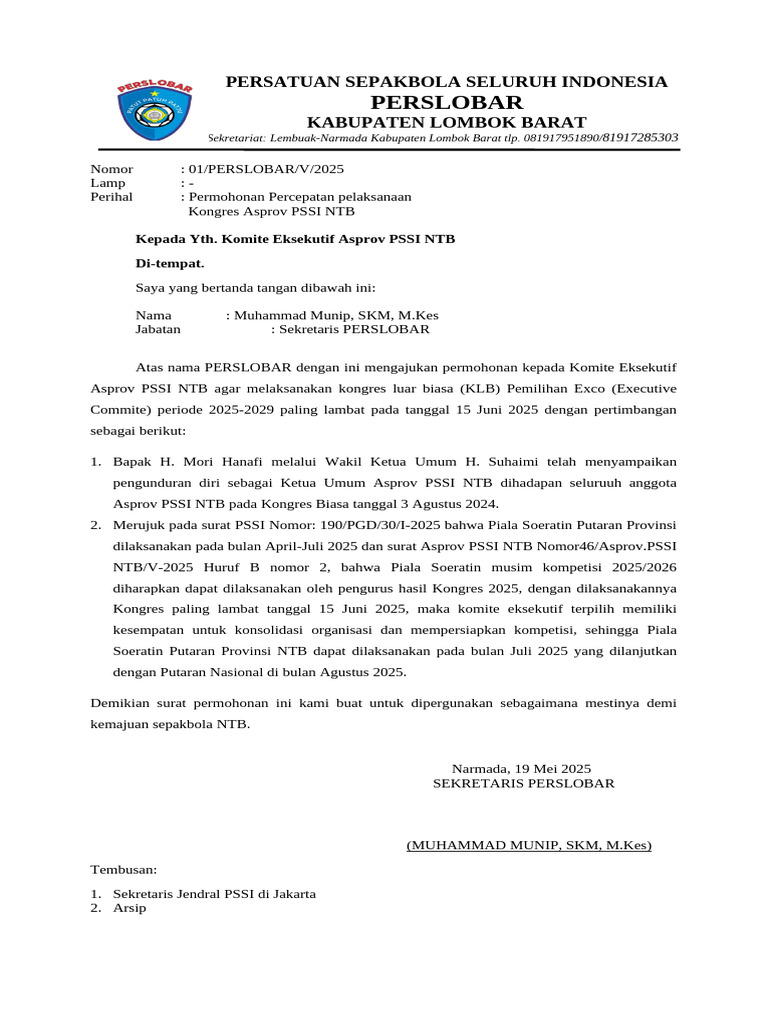 Surat Permohonan Percepatan KLB 2025 Perslobar | PDF