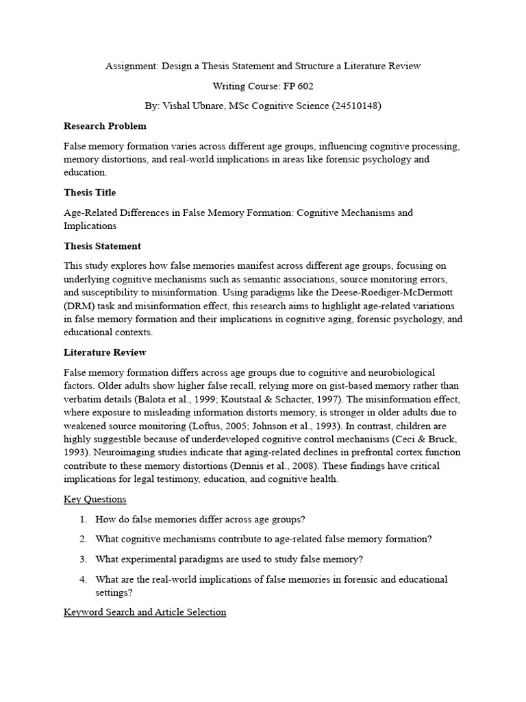 Assignment On Design A Thesis Statement and Structure A Literature Review | PDF | Memory ...
