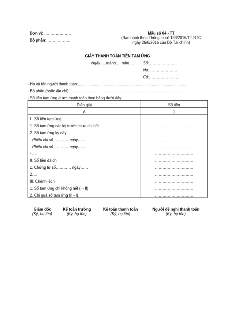 Mau So 04 TT Giay Thanh Toan Tien Tam Ung | PDF