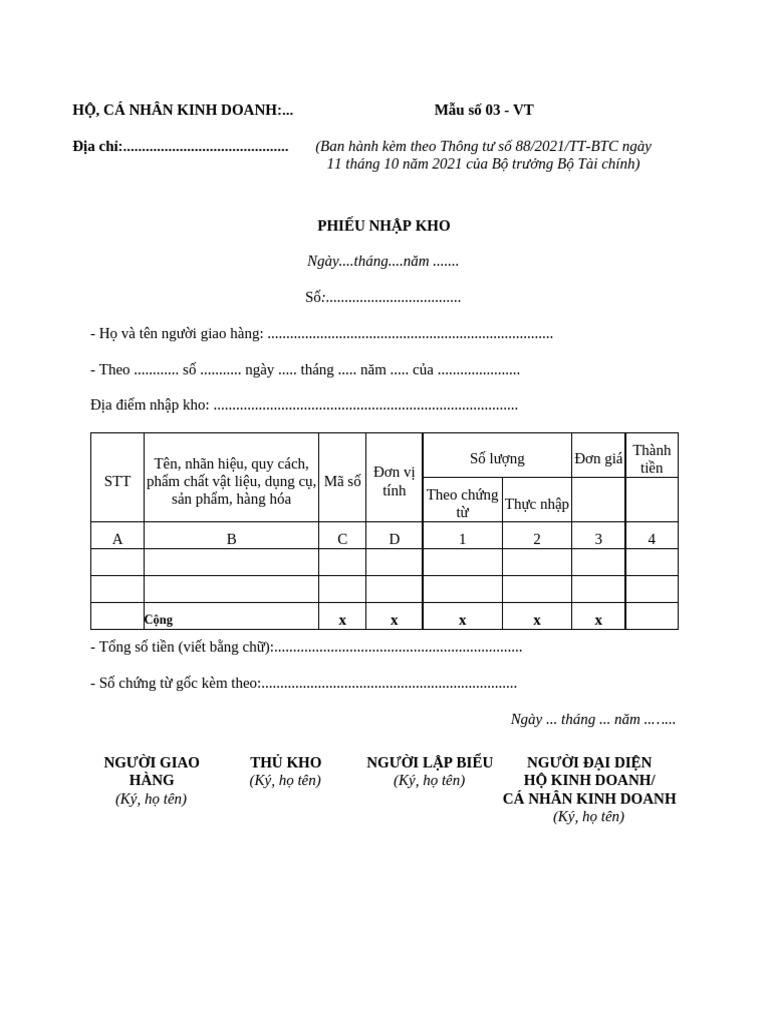 Mau So 03 VT Phieu Nhap Kho | PDF
