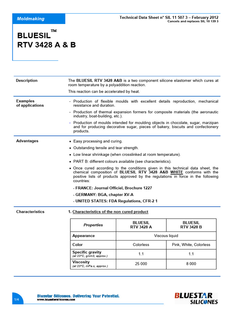 BLUESIL RTV 3428 A&B Technical Data Sheet | PDF | Vacuum | Silicone