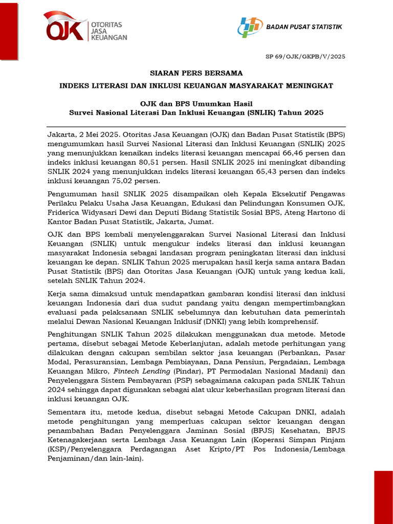 OJK - 2025 SP 69 Indeks Literasi Dan Inklusi Keuangan Masyarakat Meningkat, OJK Dan BPS Umumkan ...