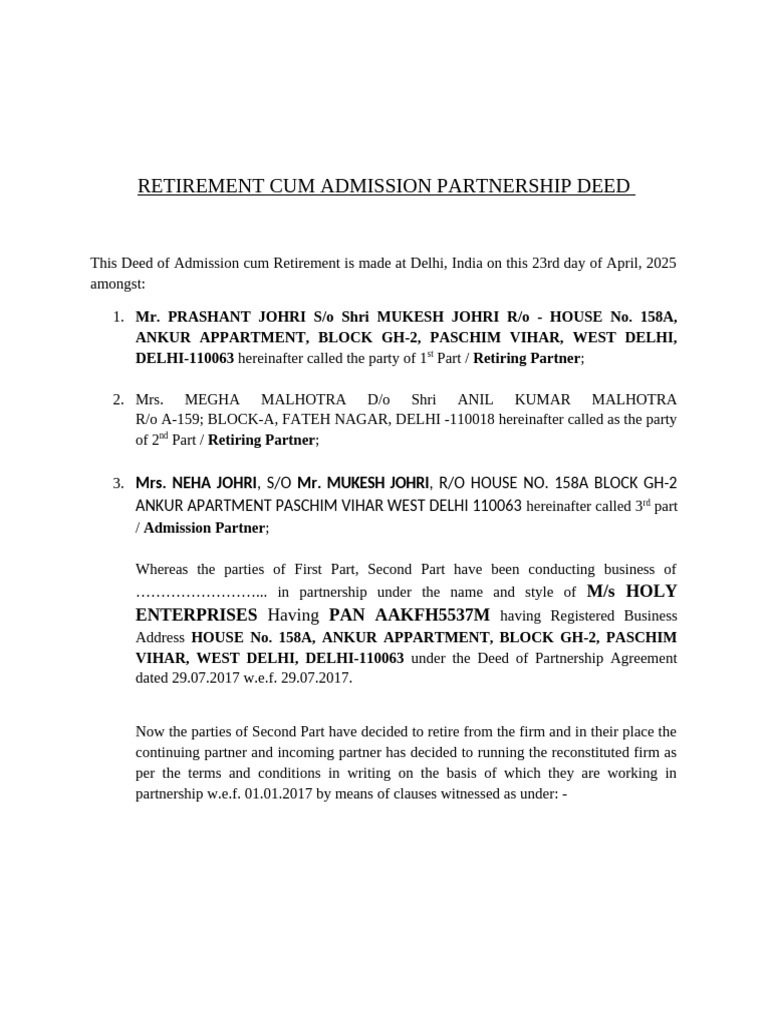 Retirement and Admission Partnership Deed | PDF | Partnership | Expense