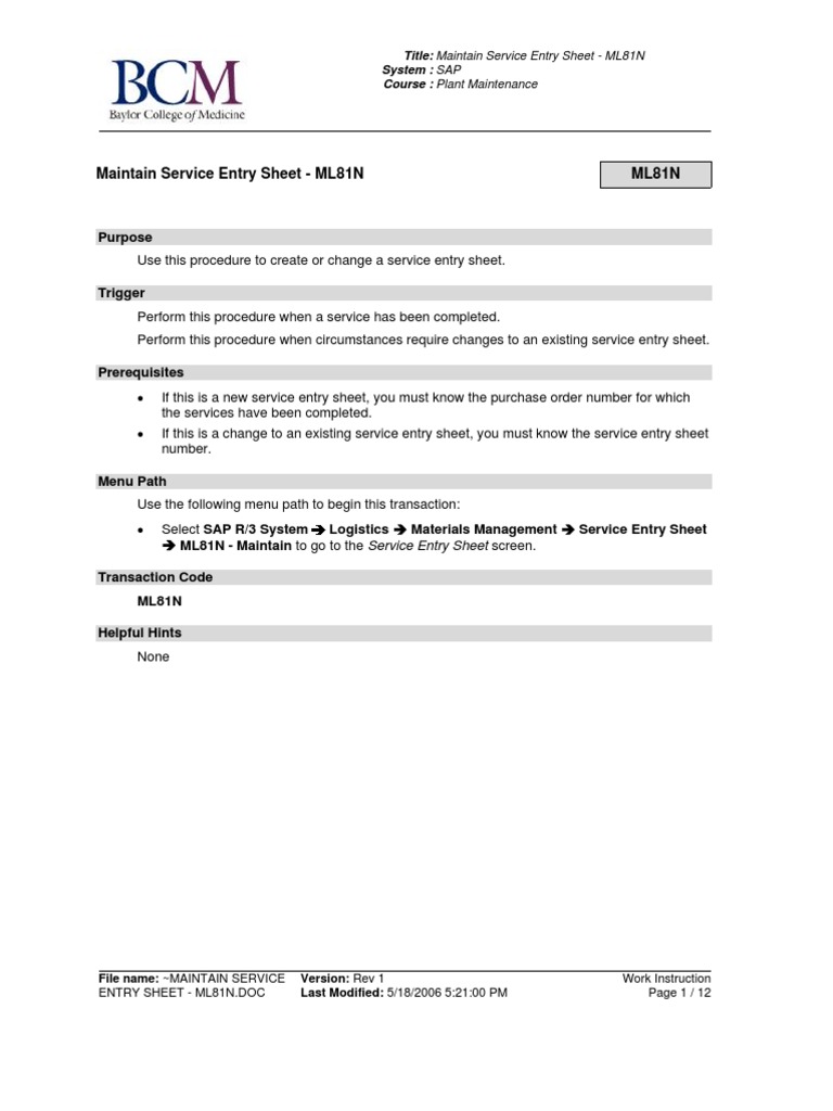 Service Entry Sheet | PDF | Software | Computing