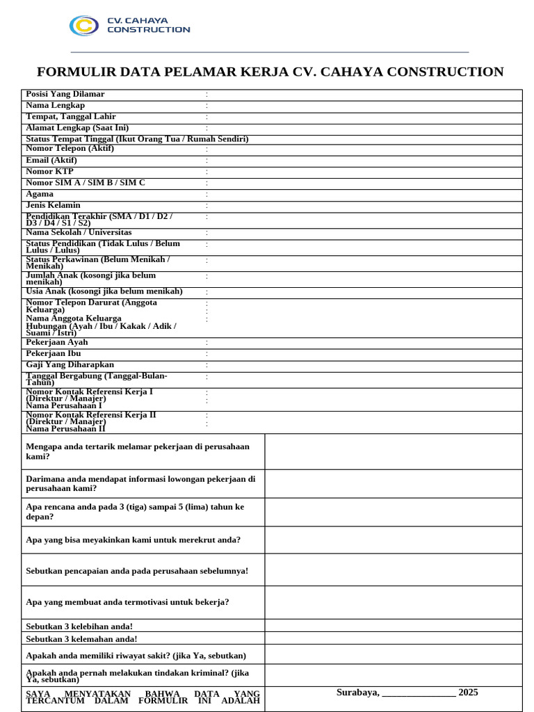 Formulir Data Pelamar Kerja Cv. Cahaya Construction (4) | PDF