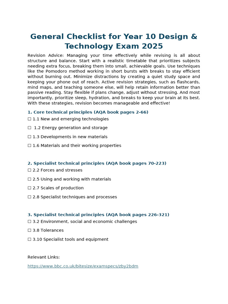 Year 10 Design Technology Checklist | PDF
