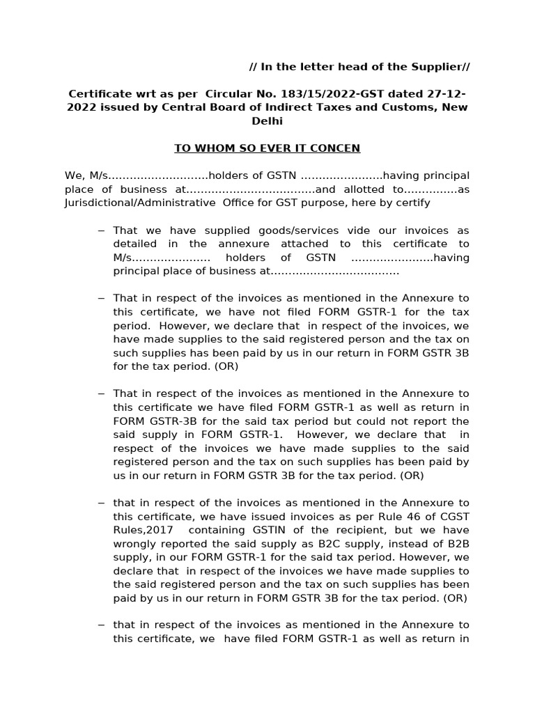 GST Certificate as per Circular 183/15/2022 | PDF | Trade | Government