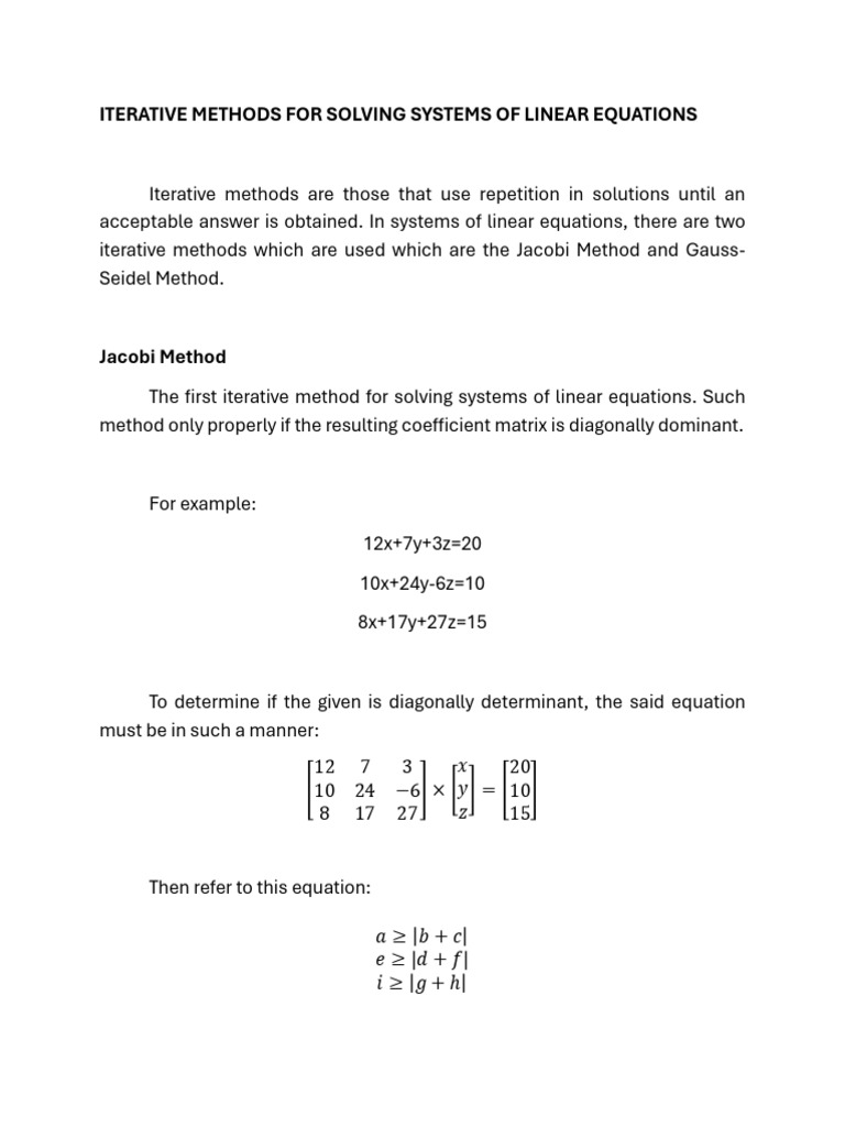 Iterative Methods For Solving Systems of Linear Equations | PDF ...