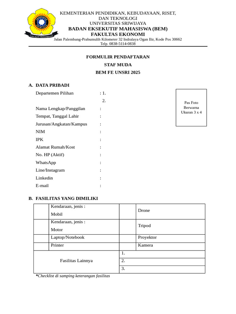 Formulir Pendaftaran Staf Muda Bem Fe Unsri 2025 | PDF