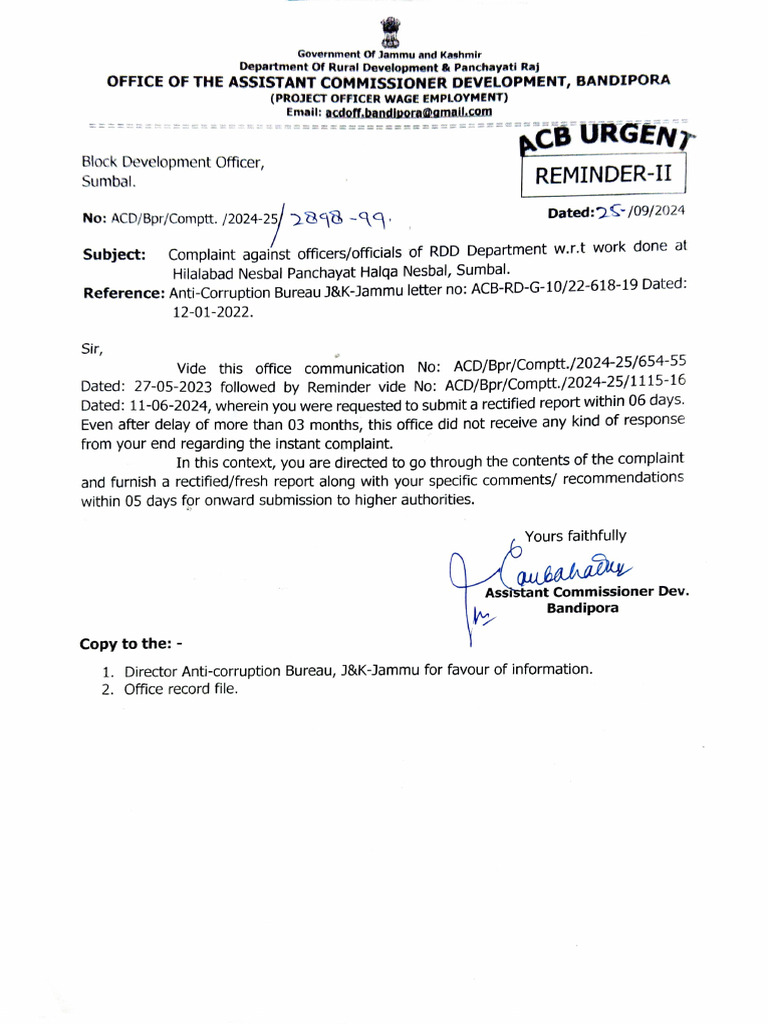 Reminder-II, Complaint Against Officers, Officials of RDD W.R.T Work ...