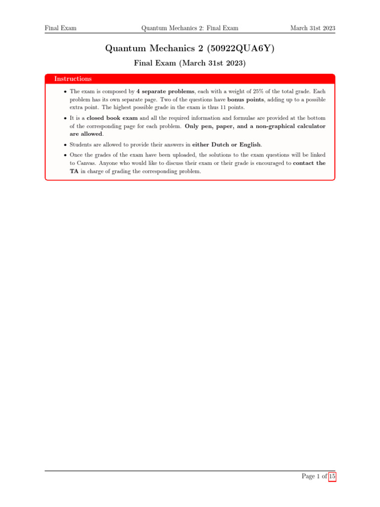 QM2 2023 FinalExam Solutions | PDF | Wave Function | Perturbation Theory (Quantum Mechanics)