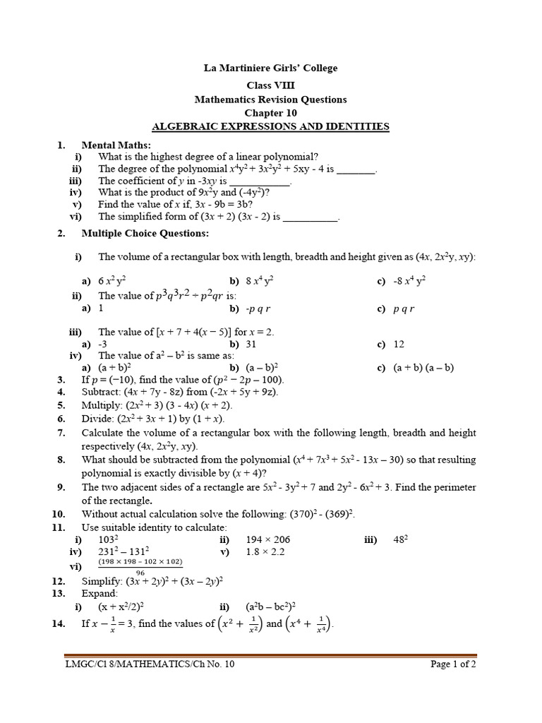 Class VIII Algebra Revision Questions | PDF | Length | Mathematical ...