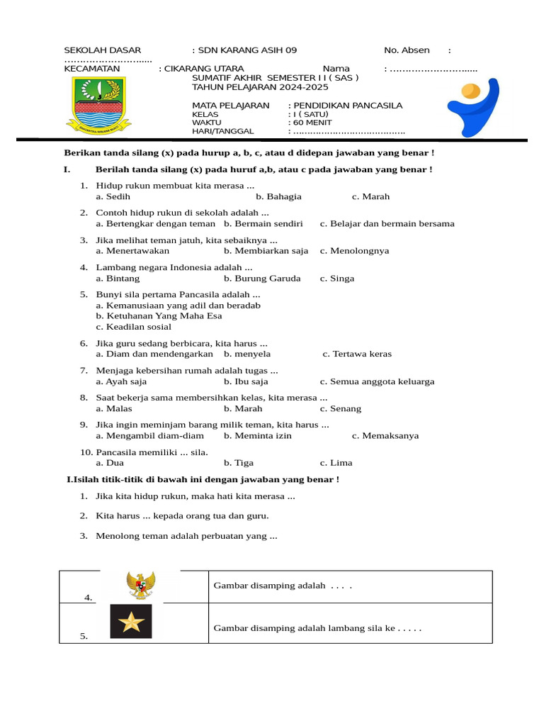 Soal Pas Pend .Pancasila Kls 1 SMT 2 Mia | PDF