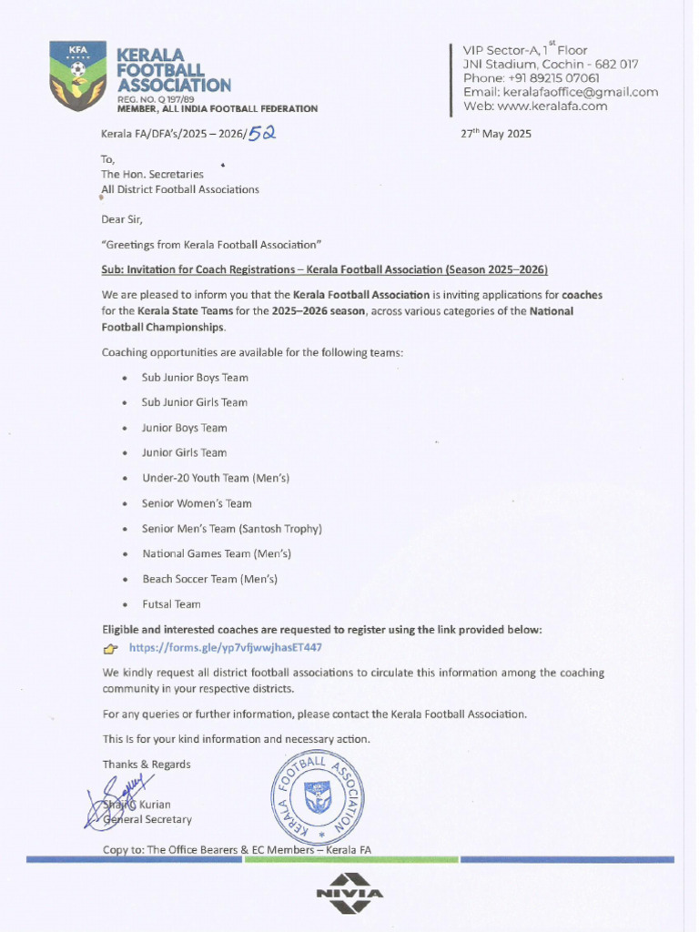 Invitation For Coach Registrations - Kerala Football Associatio | PDF