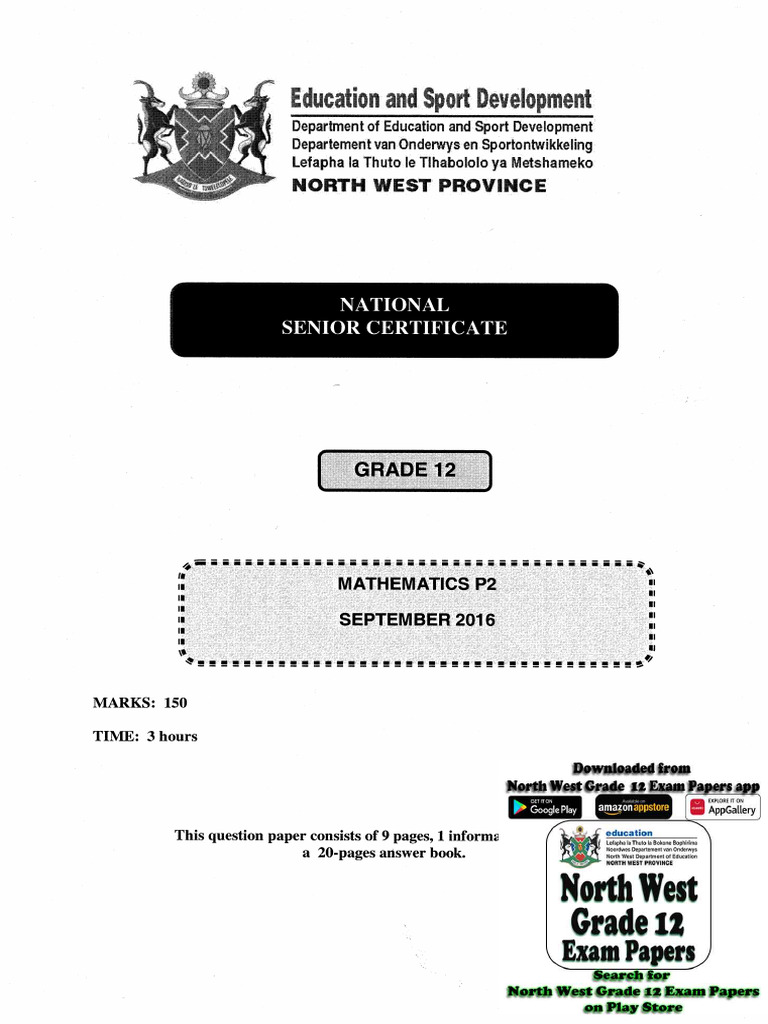 2016 Grade 12 Math Trial Exam Paper 2 NW | PDF