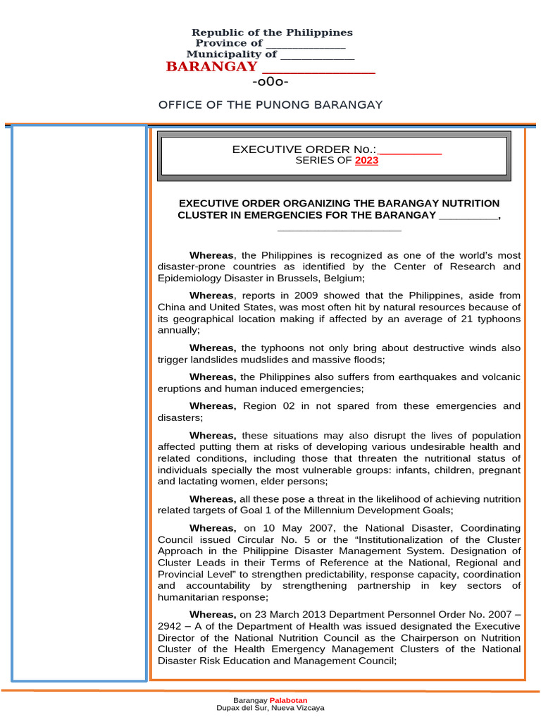 Barangay Nutrition Cluster Executive Order | PDF | Emergency Management ...