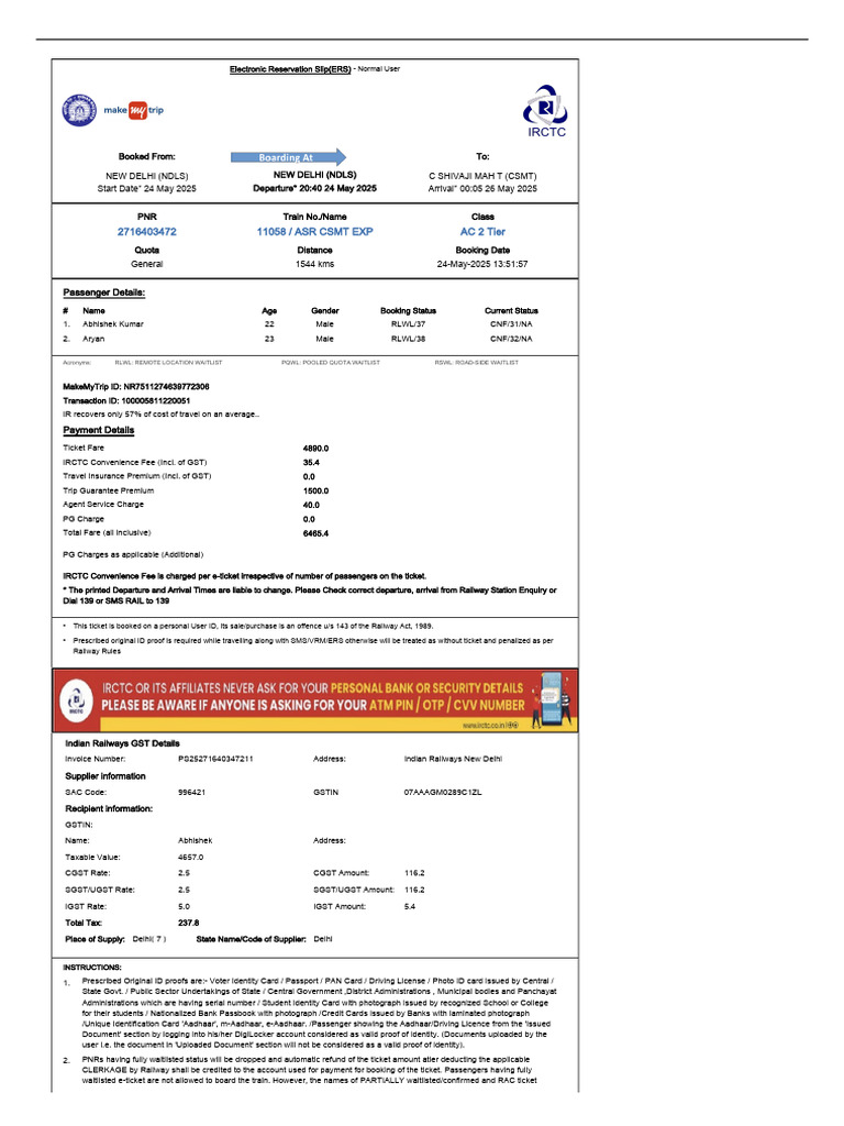 Electronic Reservation Slip for Train Ticket | PDF | Identity Document ...