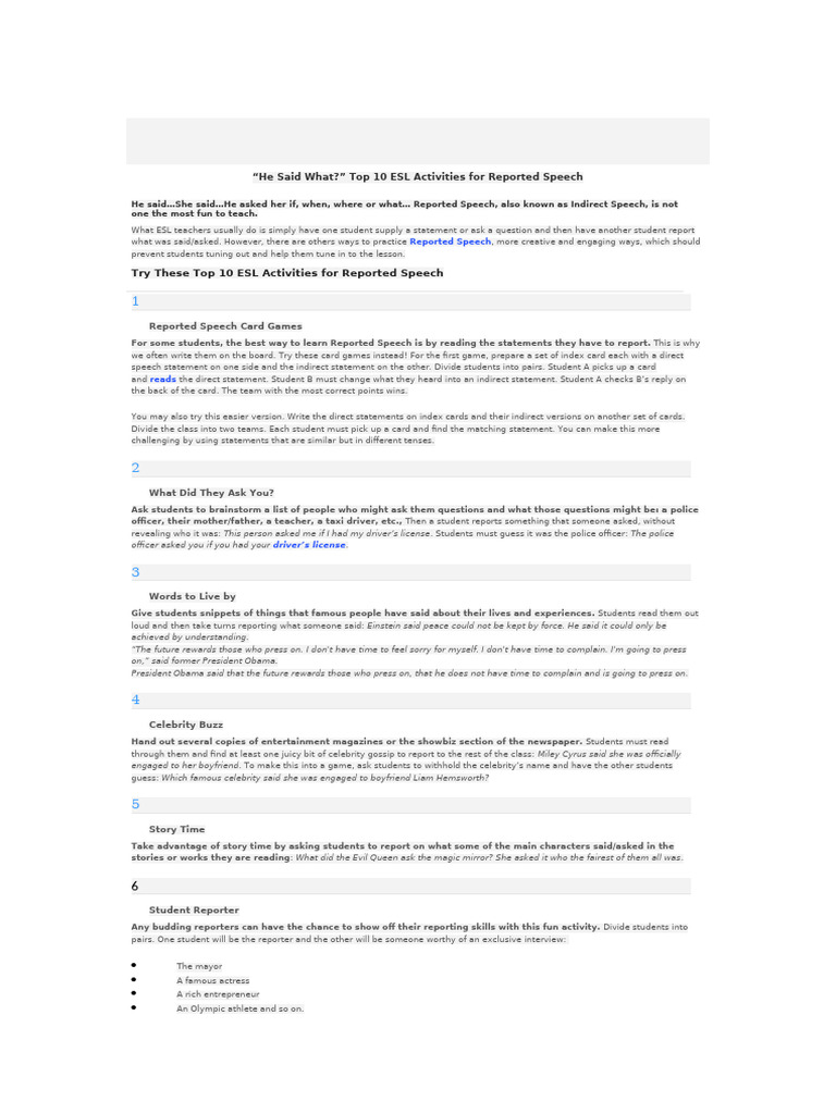 Activity - Reported Speech | PDF | Adjective | Syntax