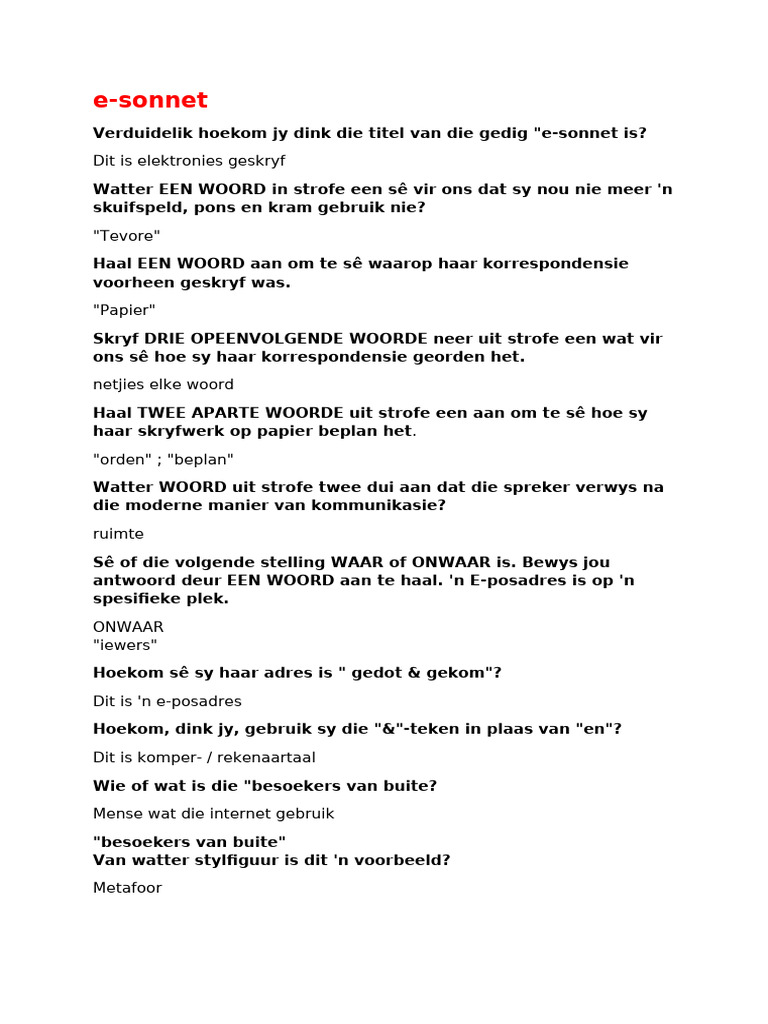 E-Sonnet Vrae en Antwoorde | PDF