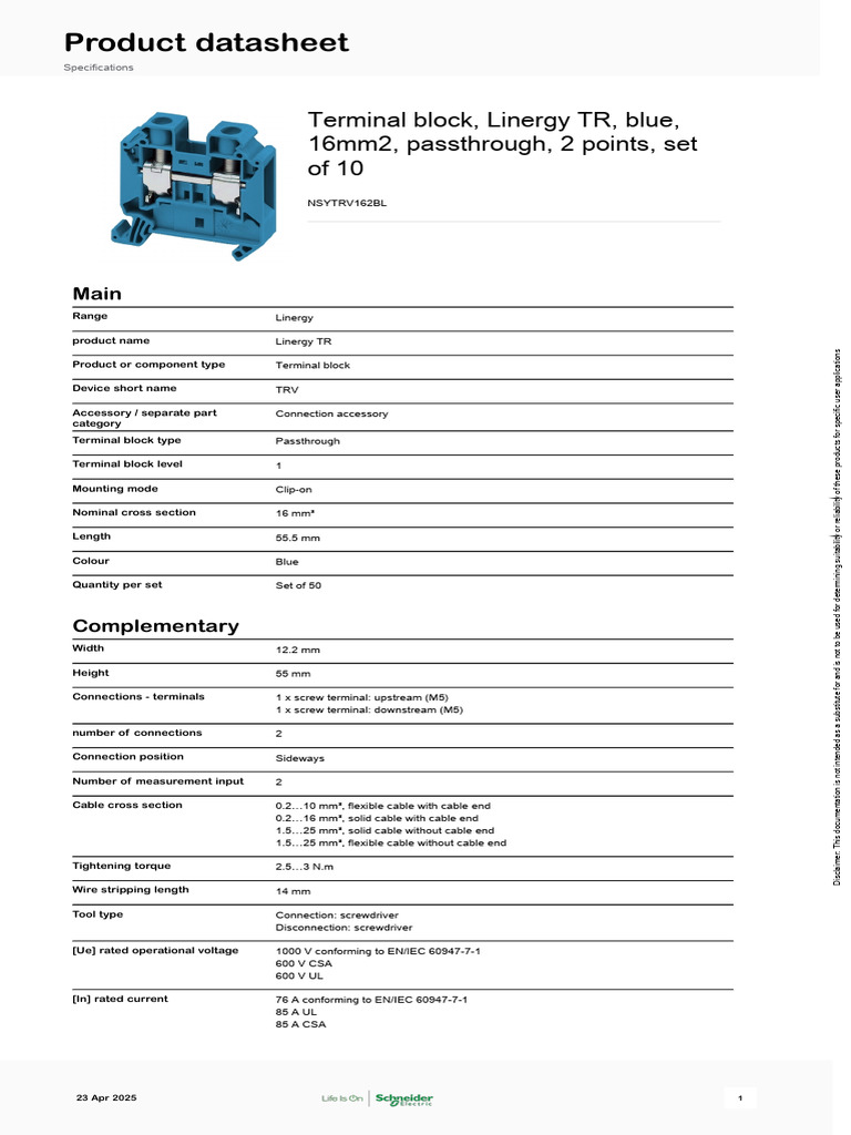 Schneider Electric Linergy TR Terminals Blocks NSYTRV162BL | PDF ...