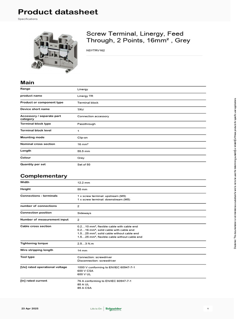 Linergy TRV Terminal Block Specifications | PDF | Manufactured Goods ...