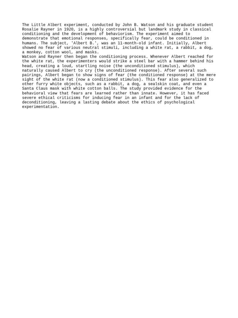 Little Albert Experiment: Conditioning Fear | PDF