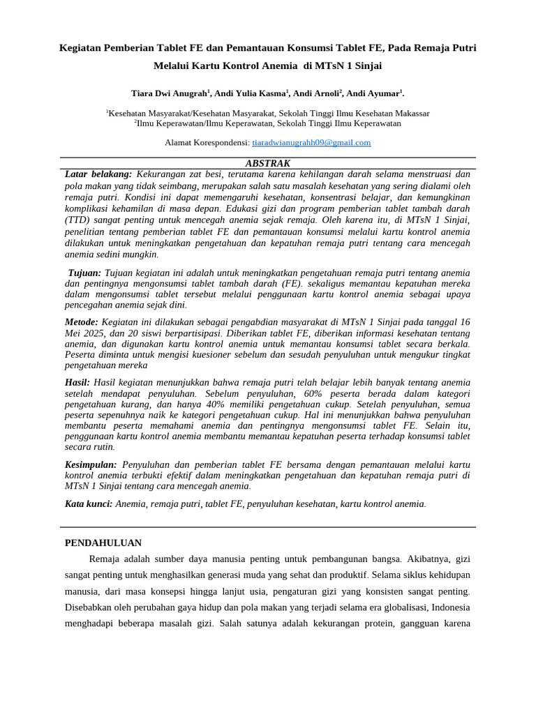 Jurnal "Kegiatan Pemberian Tablet FE Dan Pemantauan Konsumsi Tablet FE, Pada Remaja Putri ...