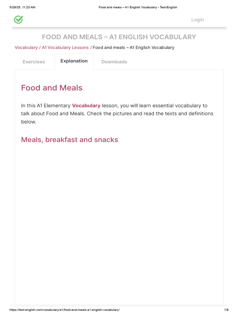 Food and Meals - A1 English Vocabulary - Test-English | PDF | Meal | Lunch