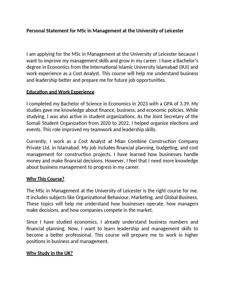 Personal Statement For MSC in Management at The University of Leicester ...