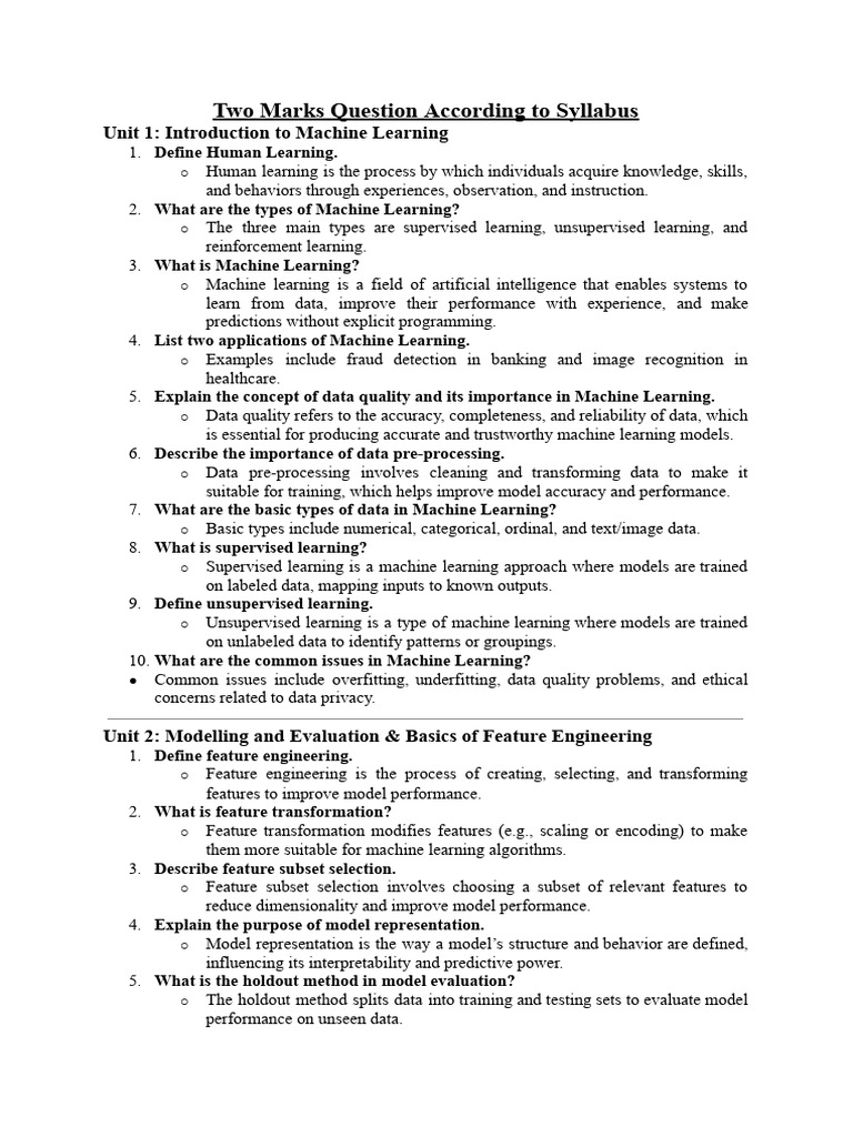 ML Two Marks Question According To Syllabus | PDF | Machine Learning | Regression Analysis